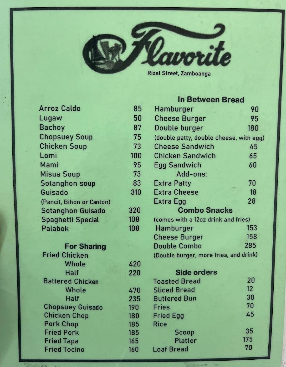 Menu at Flavorite restaurant, Zamboanga, W33G+MQF