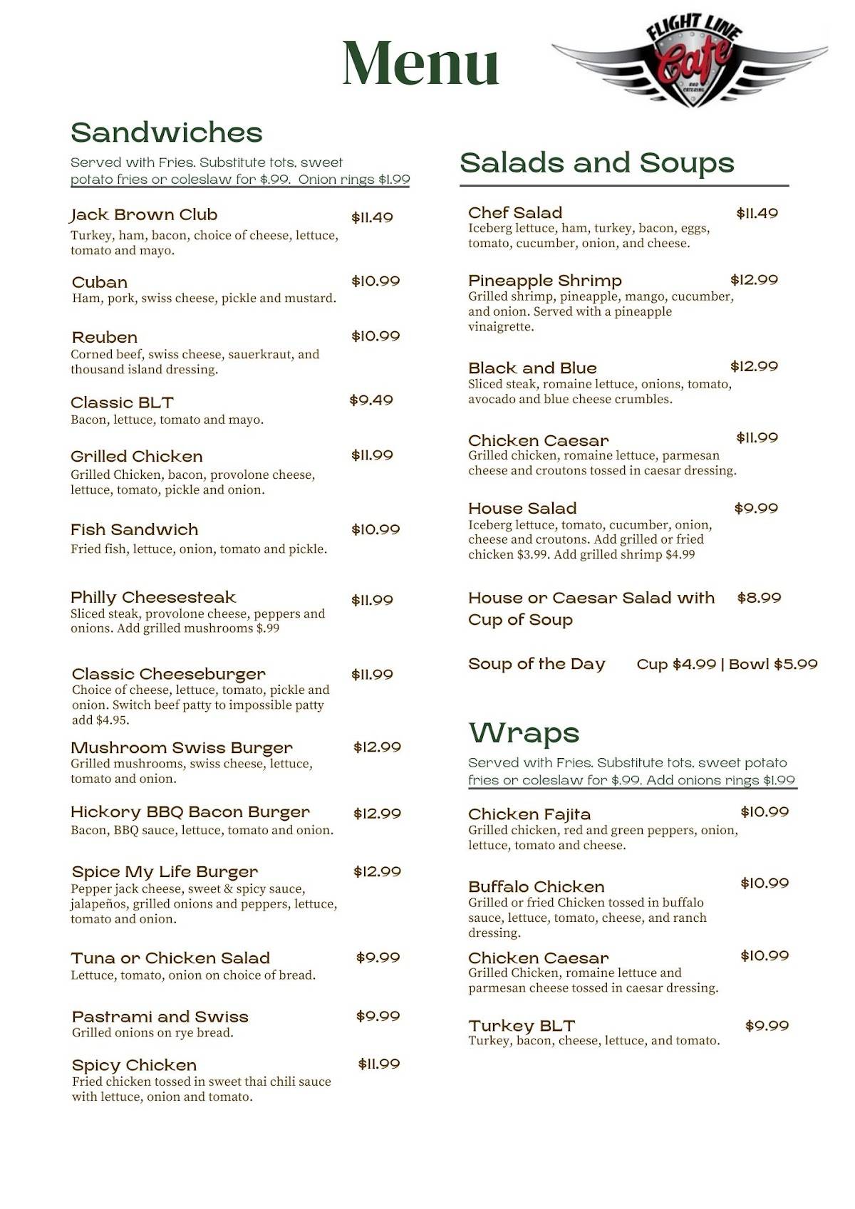 Menu at Flightline Cafe & Catering, Winter Haven