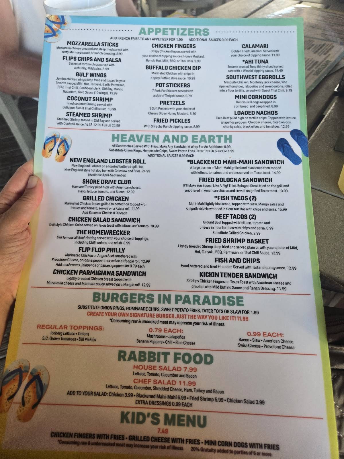 Menu at Flip Flops Bar & Grill, Myrtle Beach