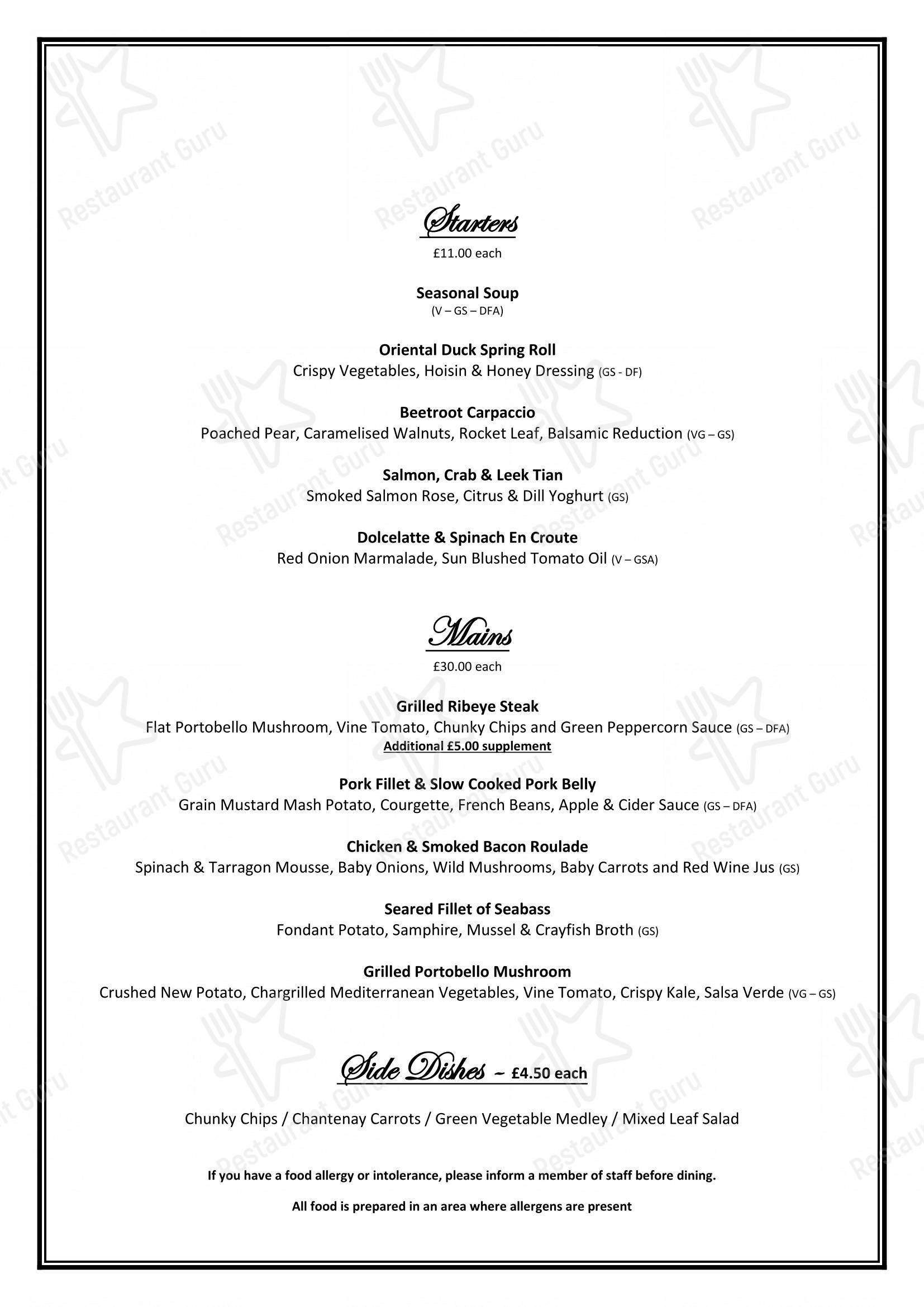 Menu at Flitwick Manor Hotel restaurant, Westoning