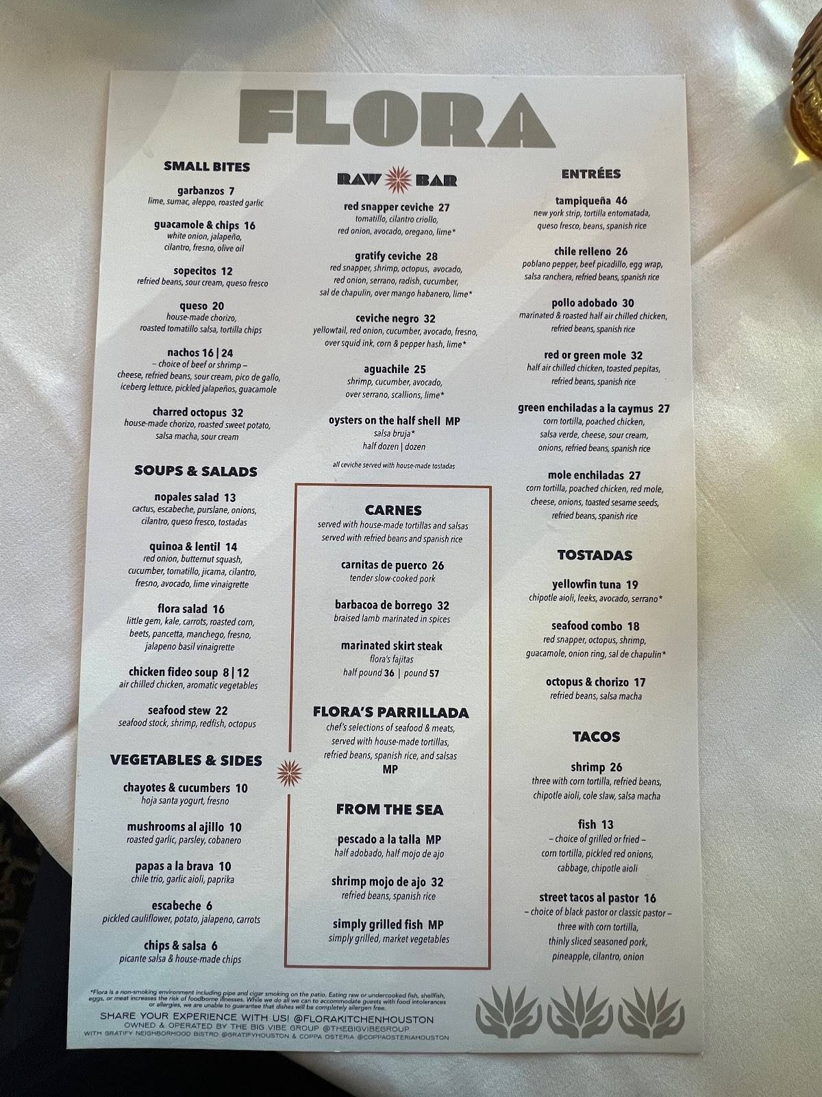 Menu at Flora restaurant, Houston
