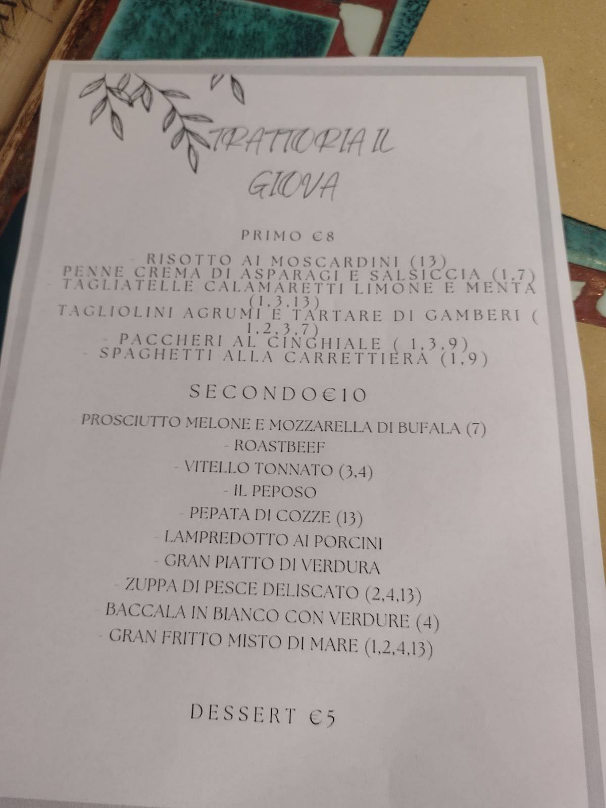 Menu at Il Giova restaurant, Florence, Borgo la Croce