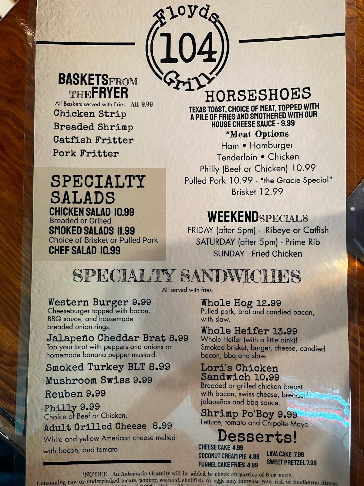 Menu at Floyd's 104 pub & bar, Meredosia