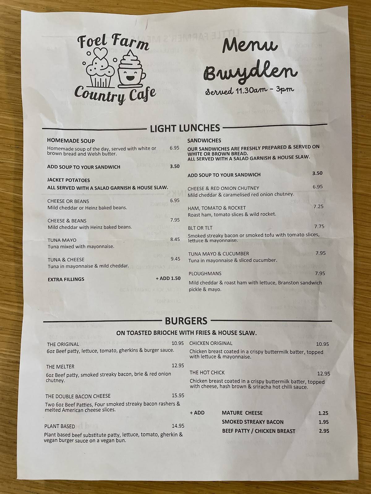 Menu at Foel Farm Country Cafe, Brynsiencyn