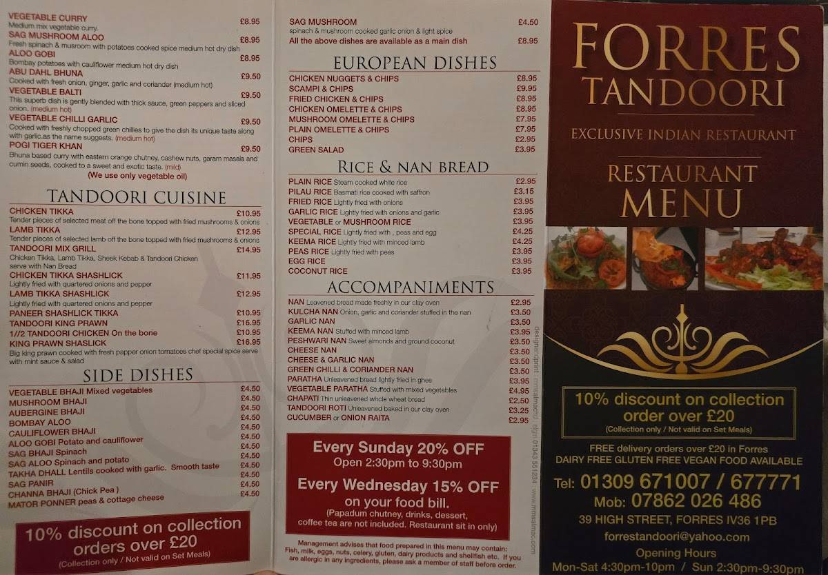 Menu at Forres Tandoori restaurant, Forres, 39 High St