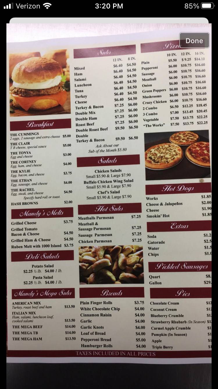 Menu at Mandy's Pizza & Subs pizzeria, Hudson Falls