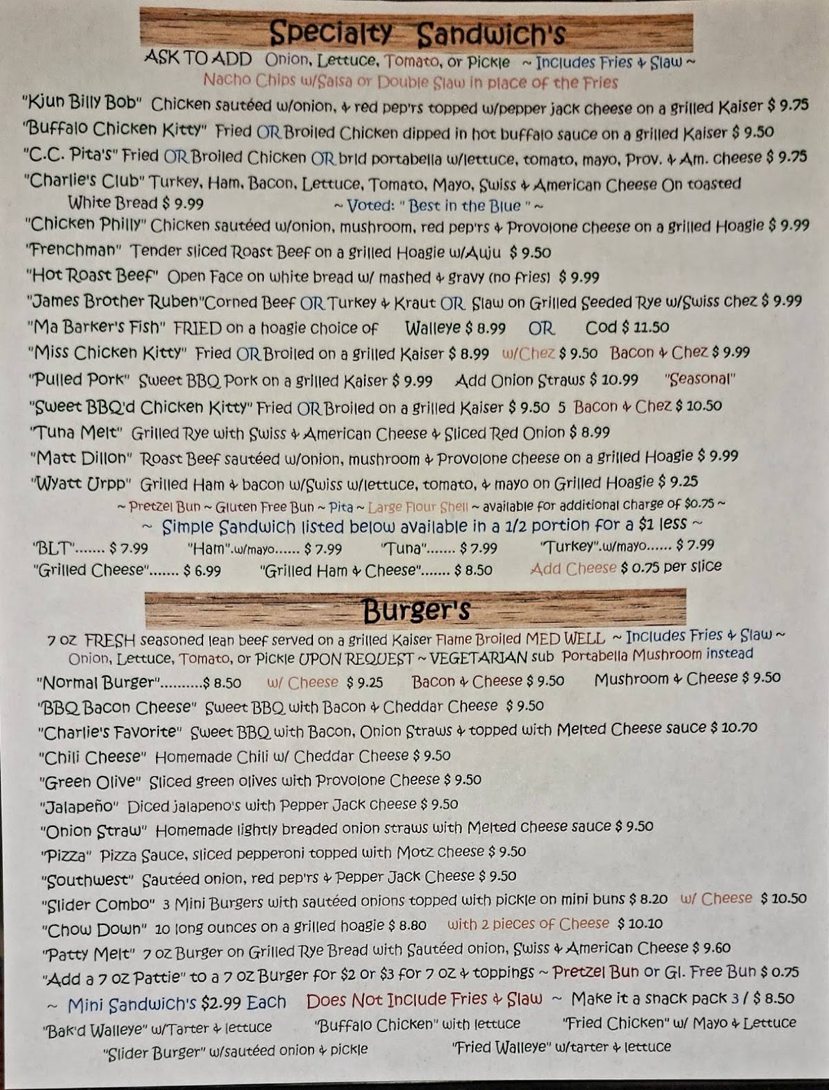 Menu at Cheap Charlie's steakhouse, Fort Gratiot Township