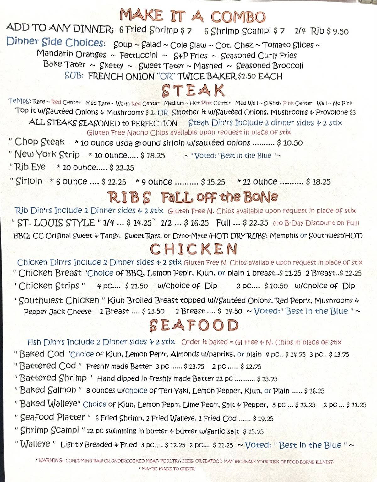 Menu at Cheap Charlie's steakhouse, Fort Gratiot Township