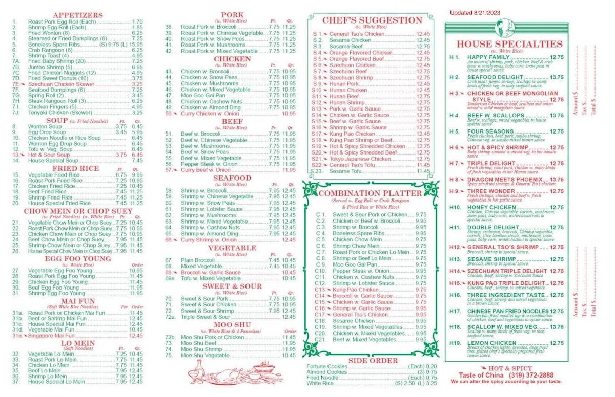 Menu at Taste Of China restaurant, Fort Madison