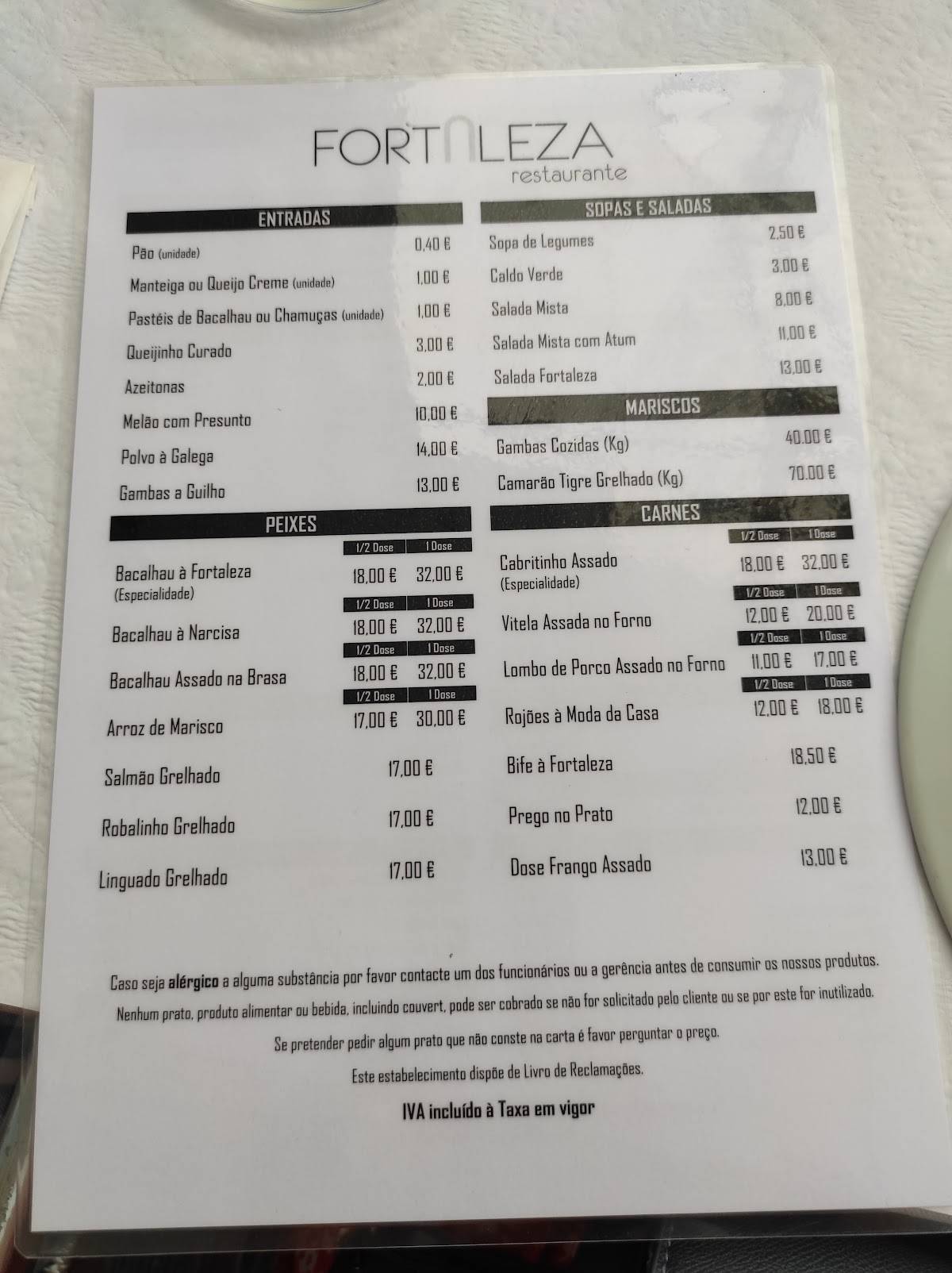 Carta del restaurante Fortaleza del Valença, Valença