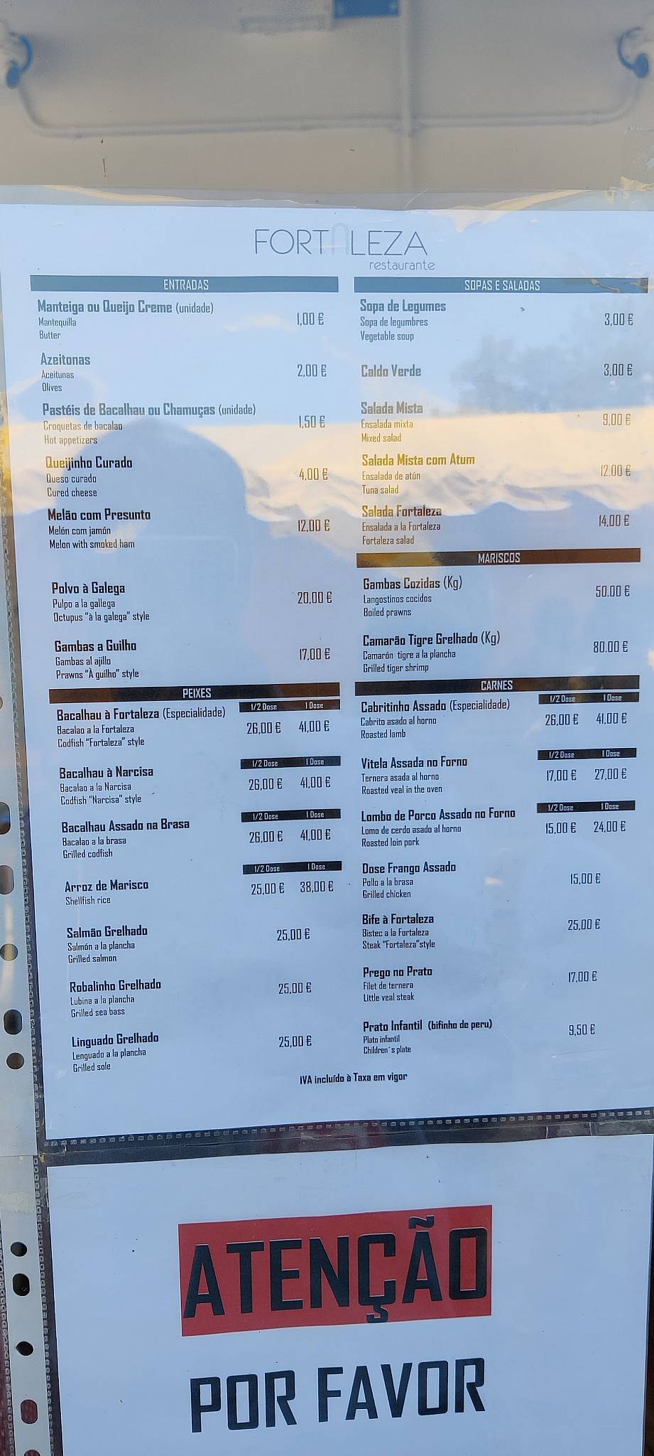 Carta del restaurante Fortaleza del Valença, Valença