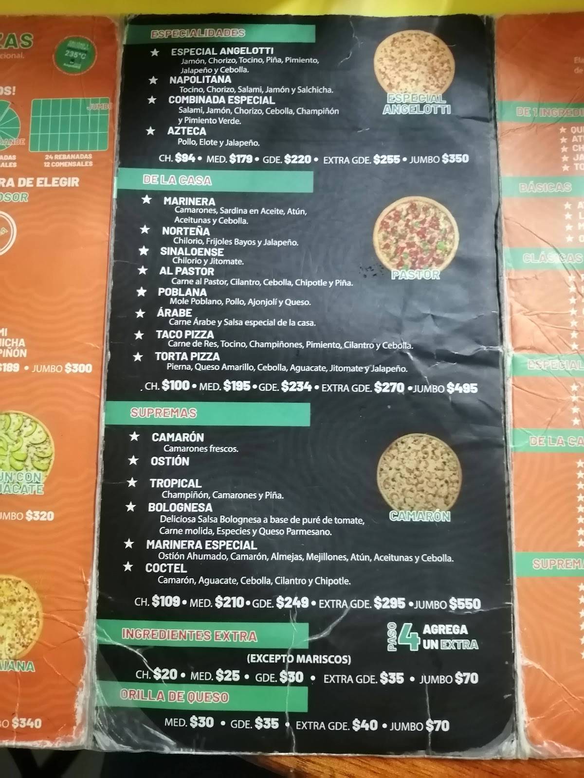 Carta del restaurante Pizzas Angelotti, Fortín del las Flores
