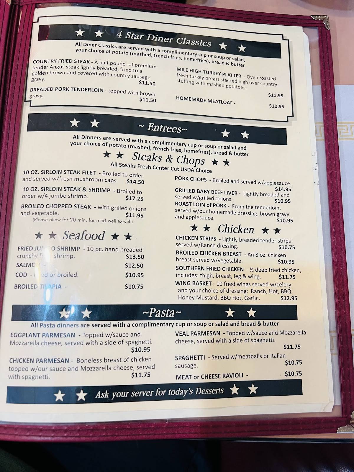 Menu at Four Star Diner restaurant, Cortland