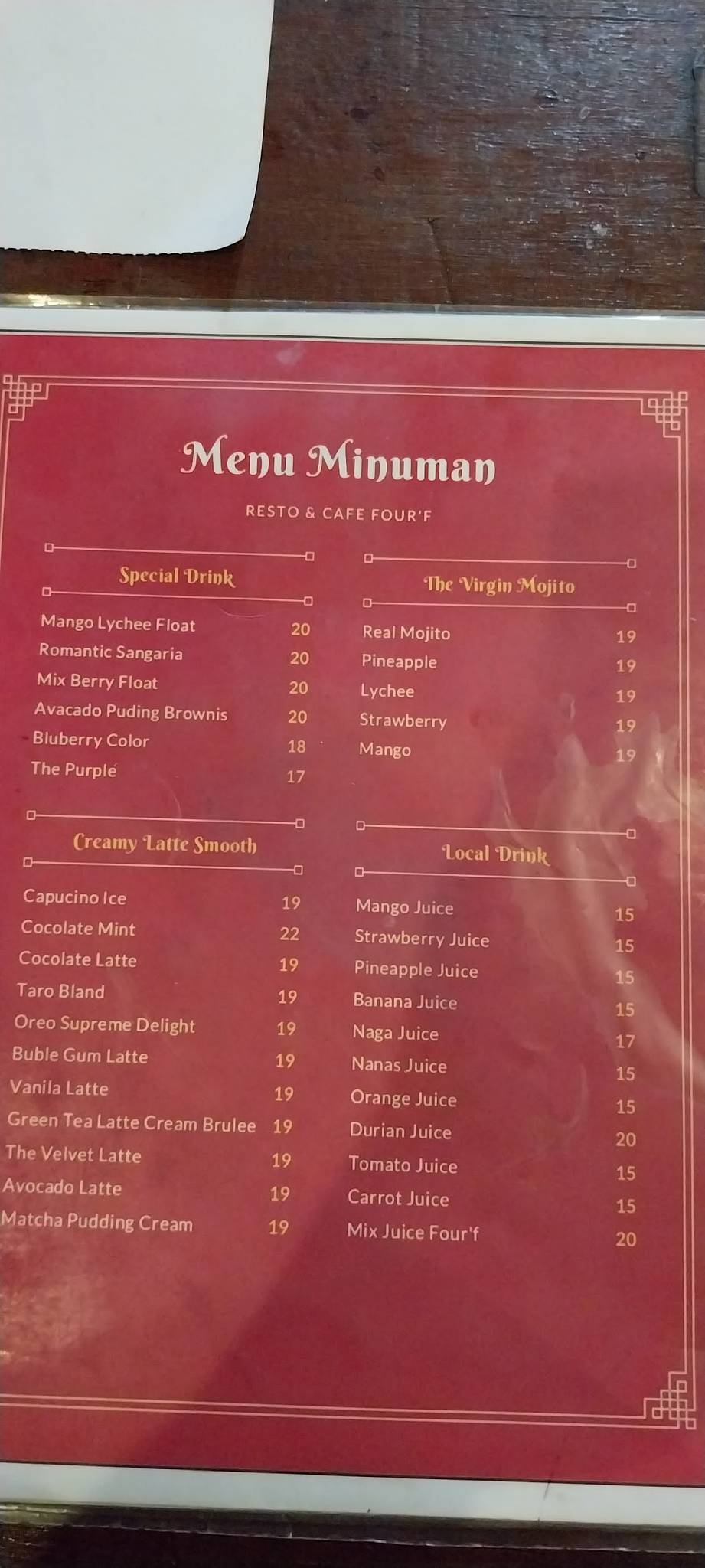 Menu at Four’f, Indonesia