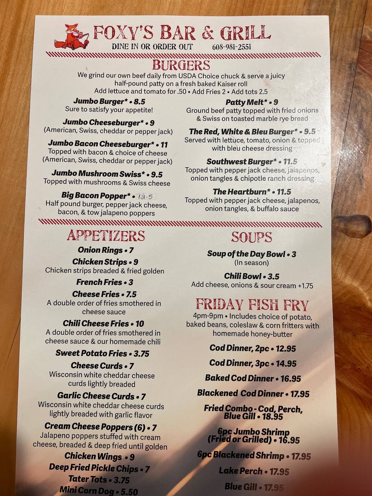 Menu at Foxy's restaurant, Briggsville