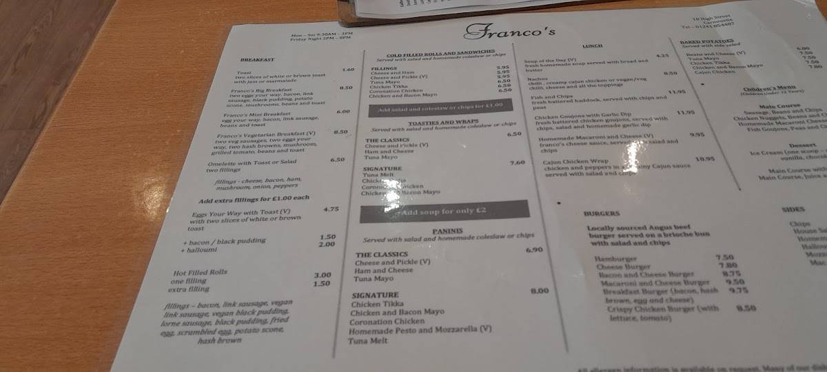 Menu at Franco's Cafe, Carnoustie