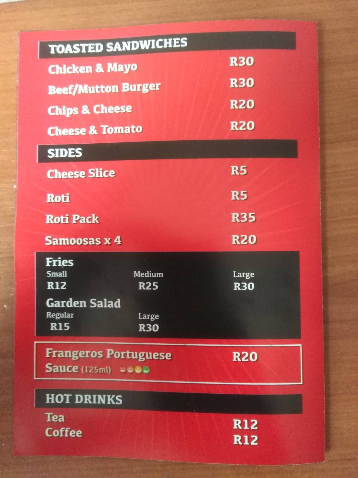 Menu at Frangeros Durban North restaurant, Durban