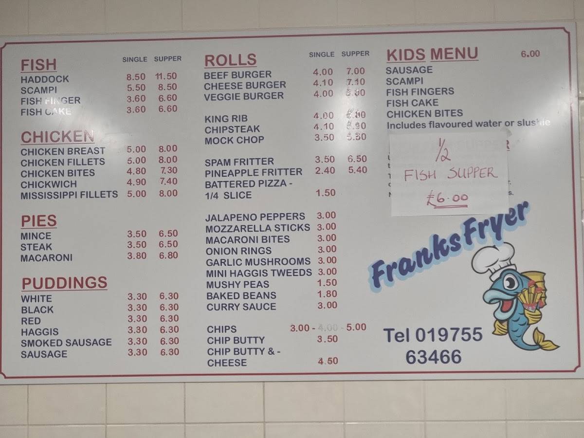 Menu at Frank's Fryer fast food, Alford