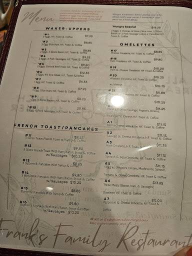 Menu at Frank's Restaurant, Lincoln