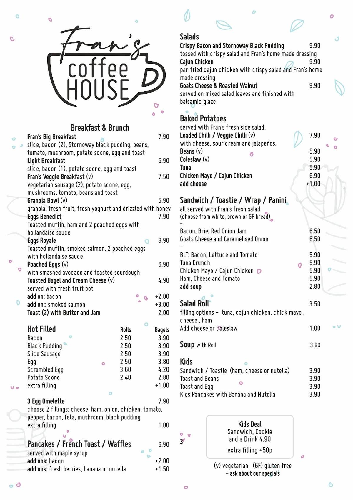 Menu at Fran's Coffee House, Irvine
