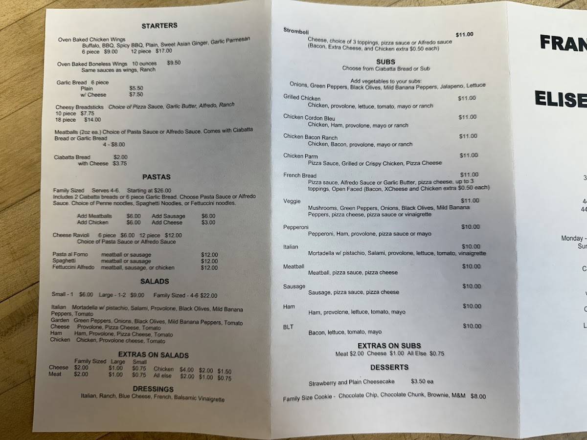 Menu at Fran’s Pizza pizzeria, Lorain, Oberlin Ave