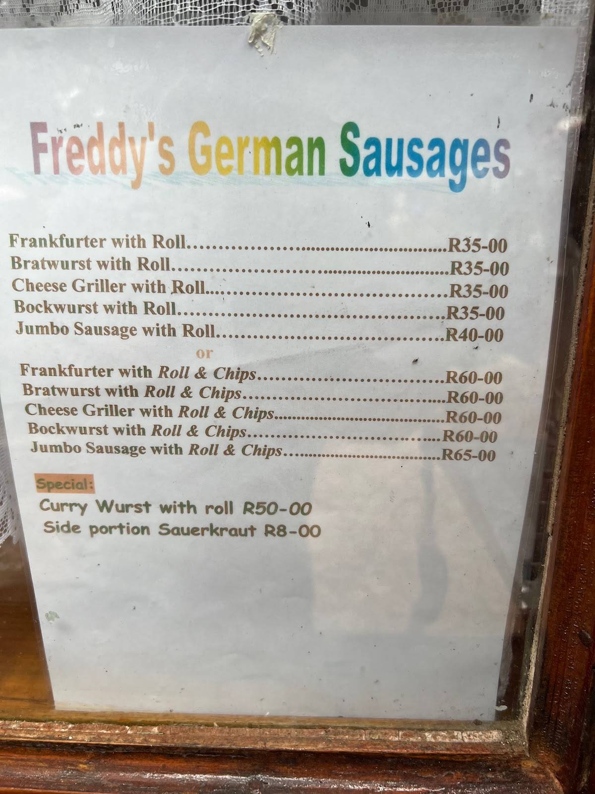 Menu at Freddy's German Sausage restaurant, Wilderness