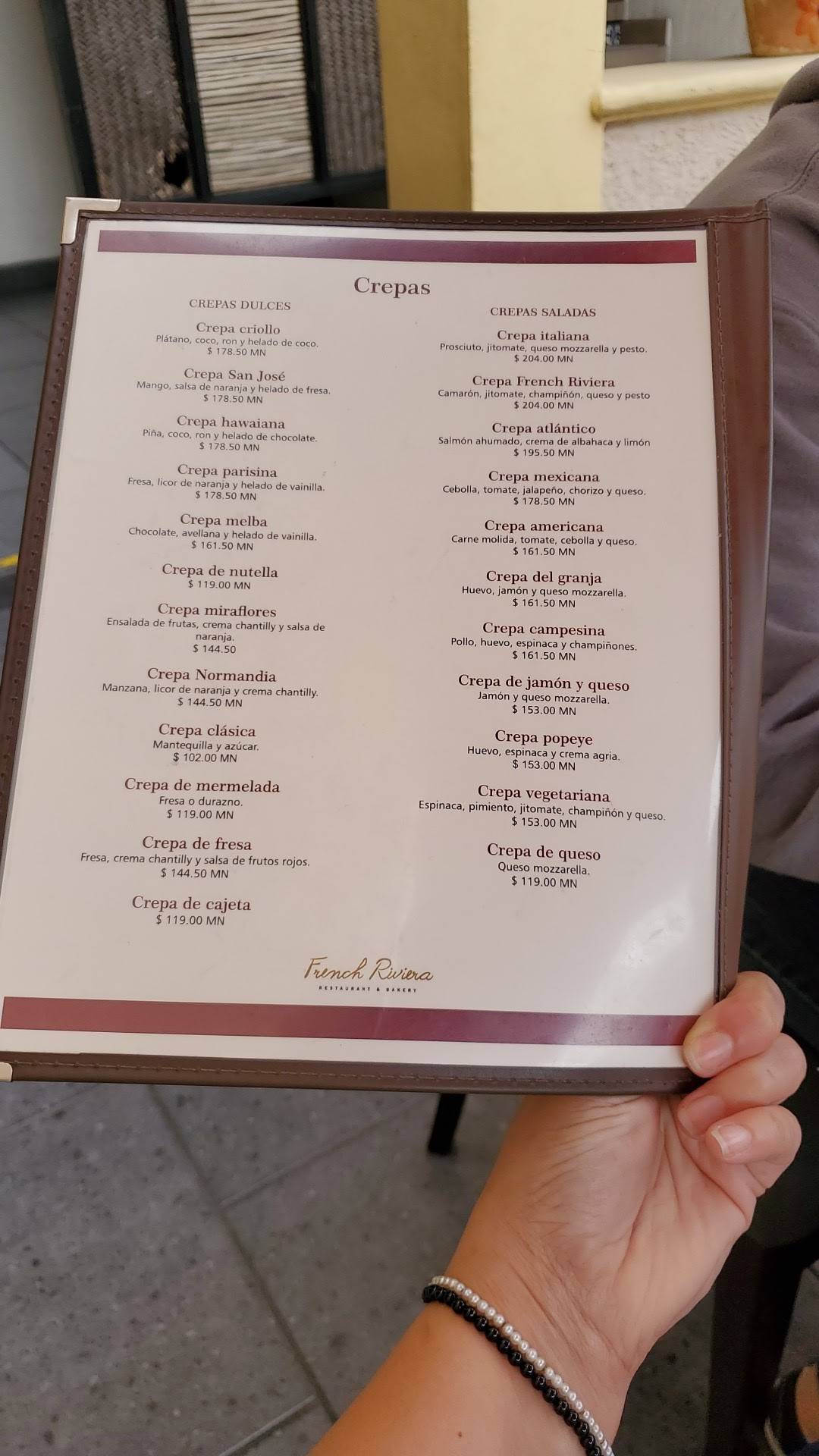 Menu at French Riviera bakery, San José del Cabo
