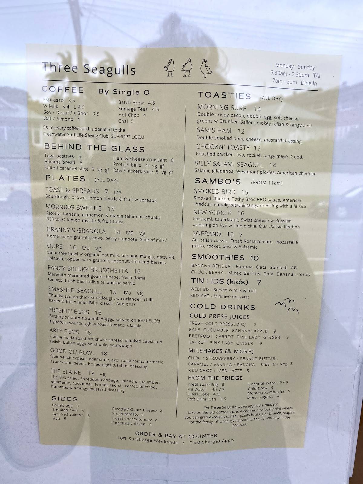 Menu at Three Seagulls cafe, Freshwater