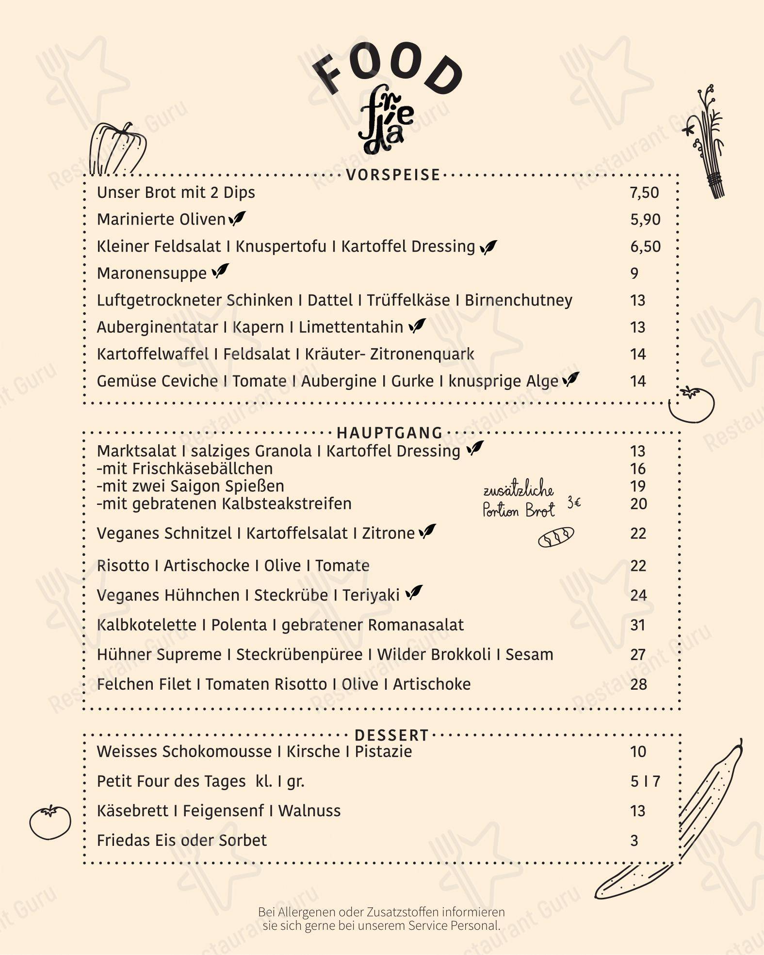 Speisekarte von Frieda restaurant, Kassel
