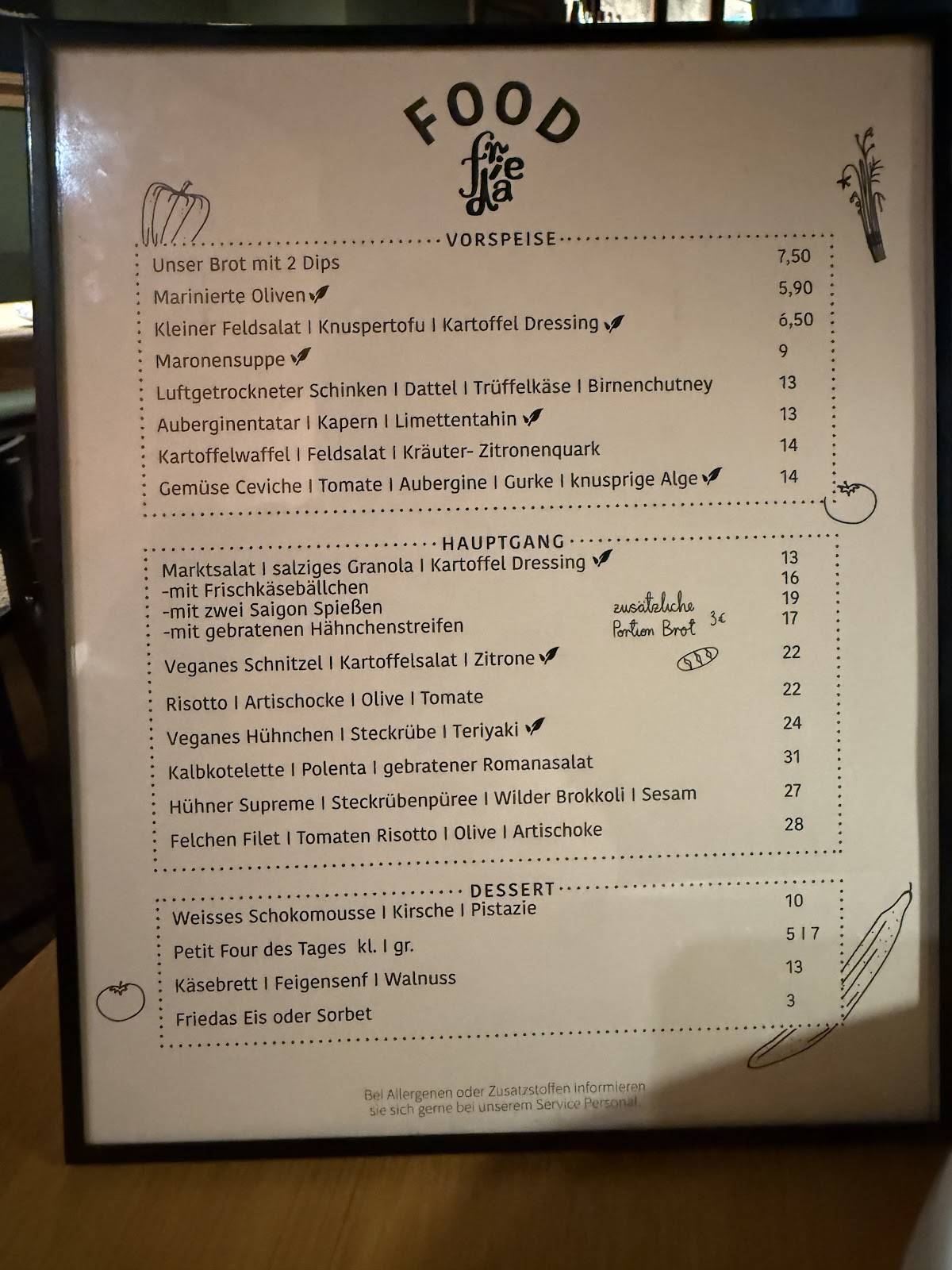 Speisekarte von Frieda restaurant, Kassel