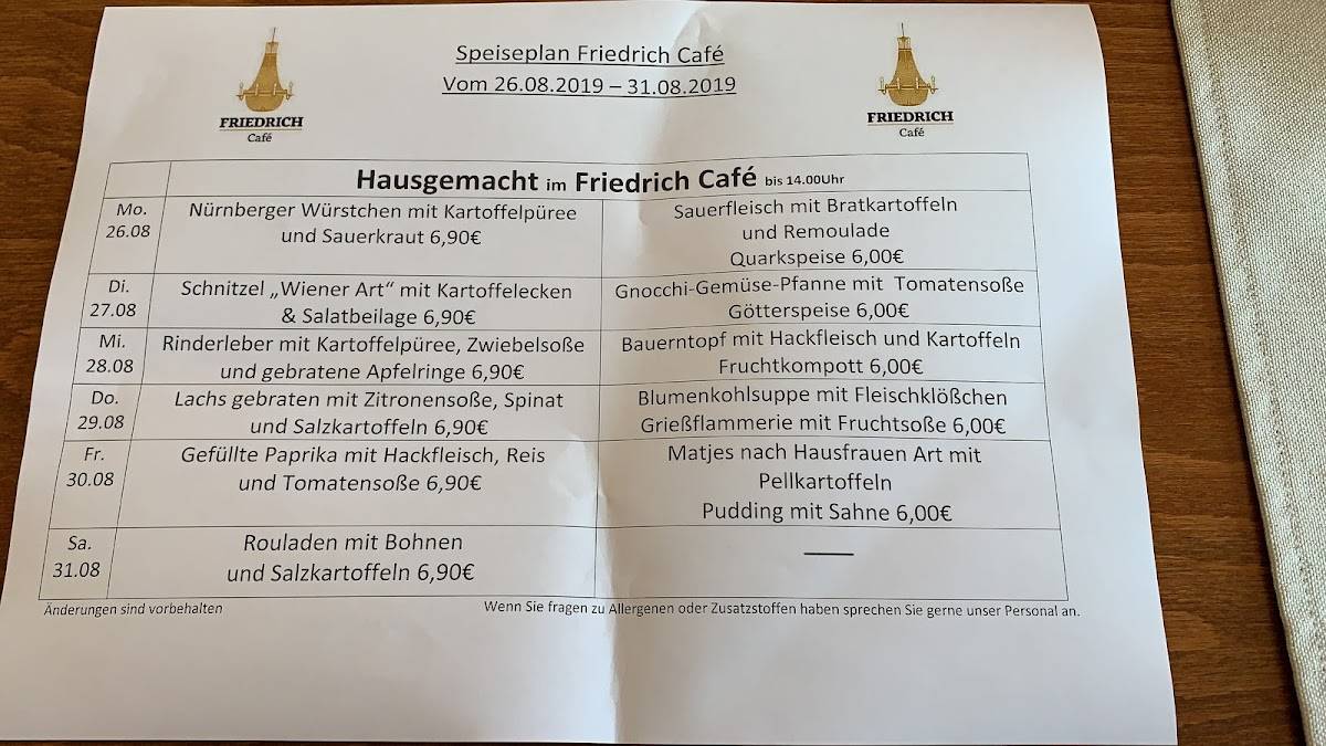 Speisekarte von "Friedrich" - das Café cafe, Trappenkamp