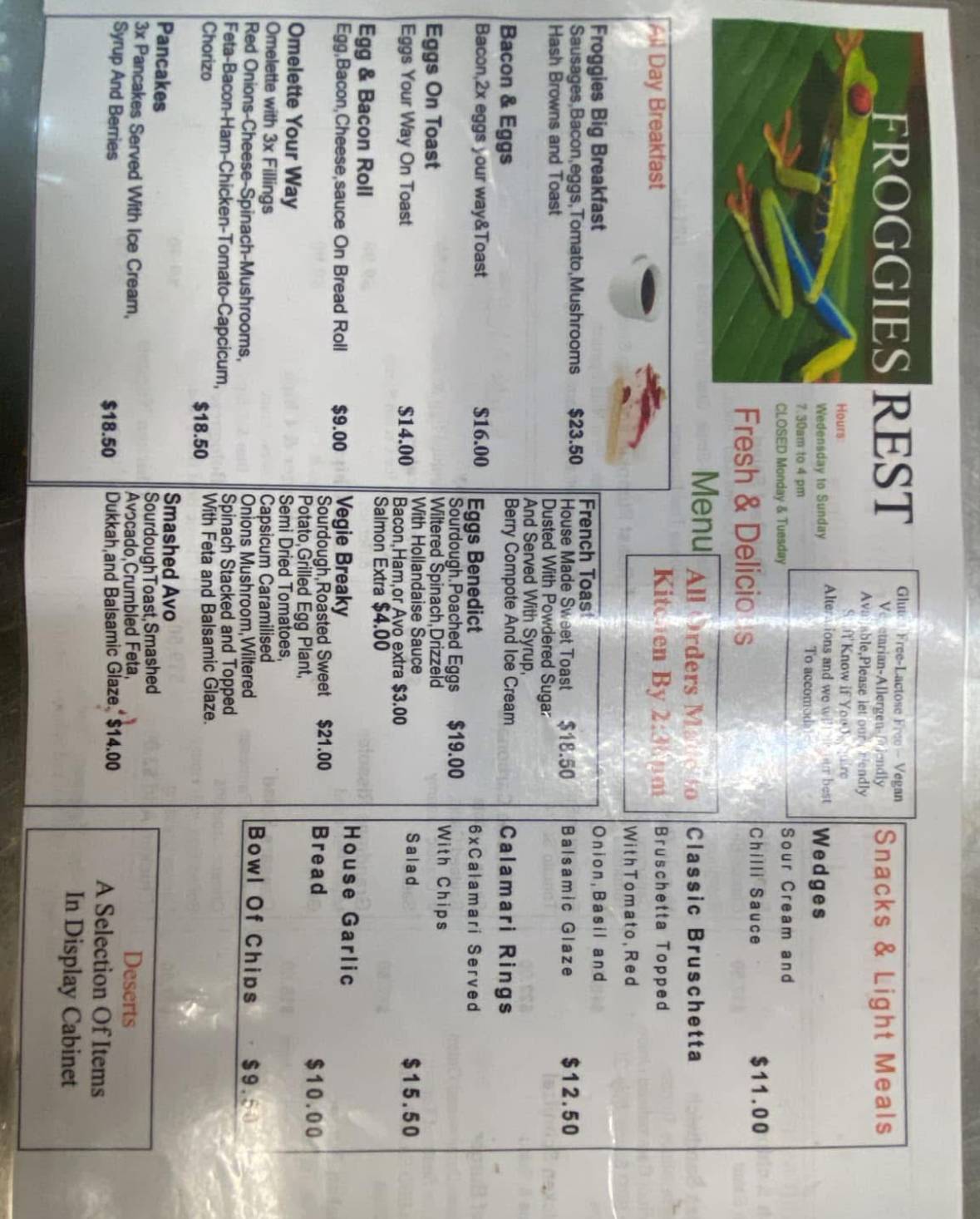 Menu at Froggies Rest cafe, Yarrabilba