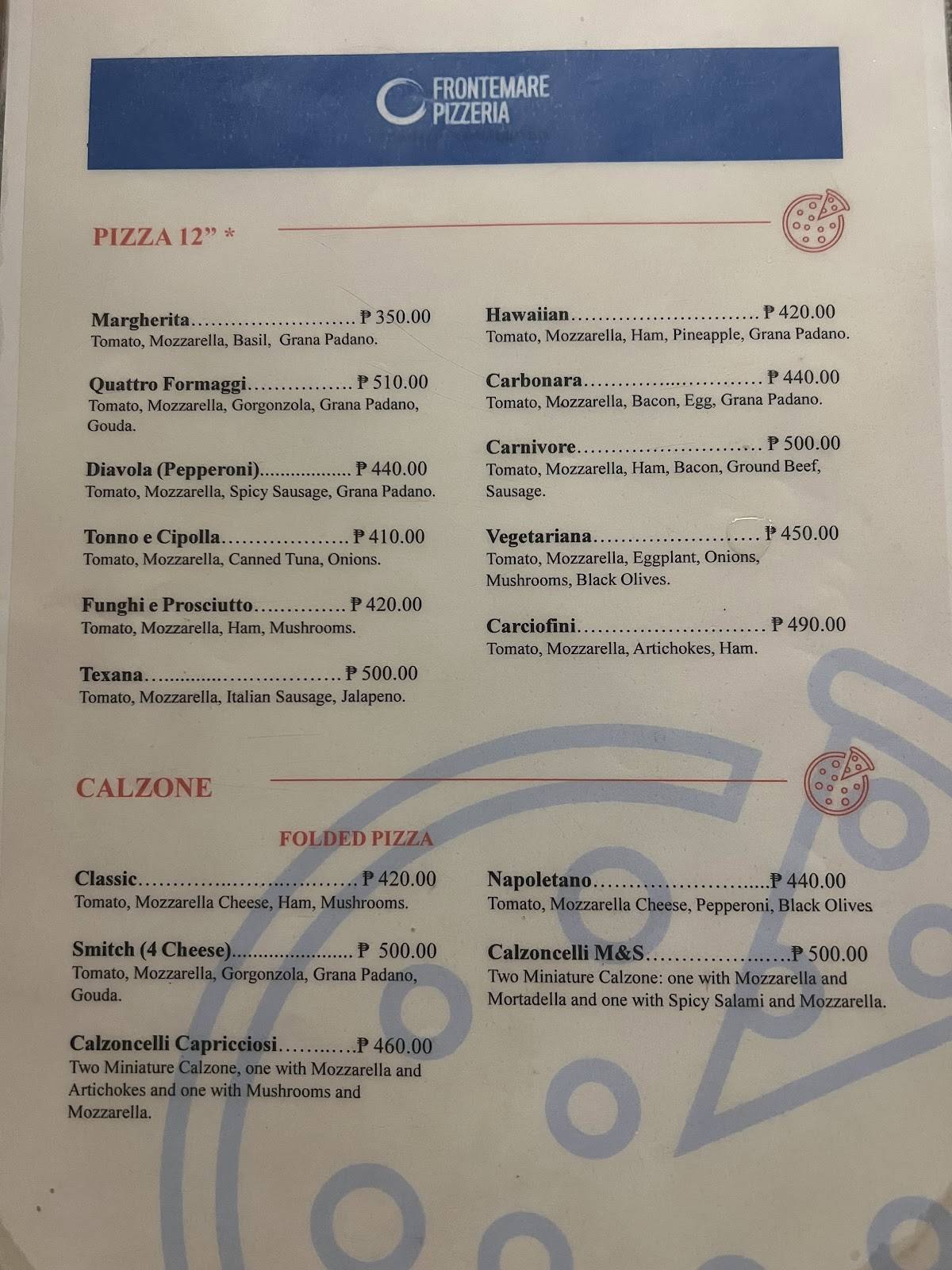 Menu at Frontemare Pizzeria, Dauin
