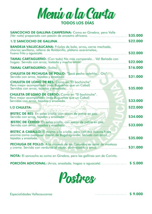 Menu at Fulanitos 95 - Cocina ValleCaucana restaurant, Bogotá