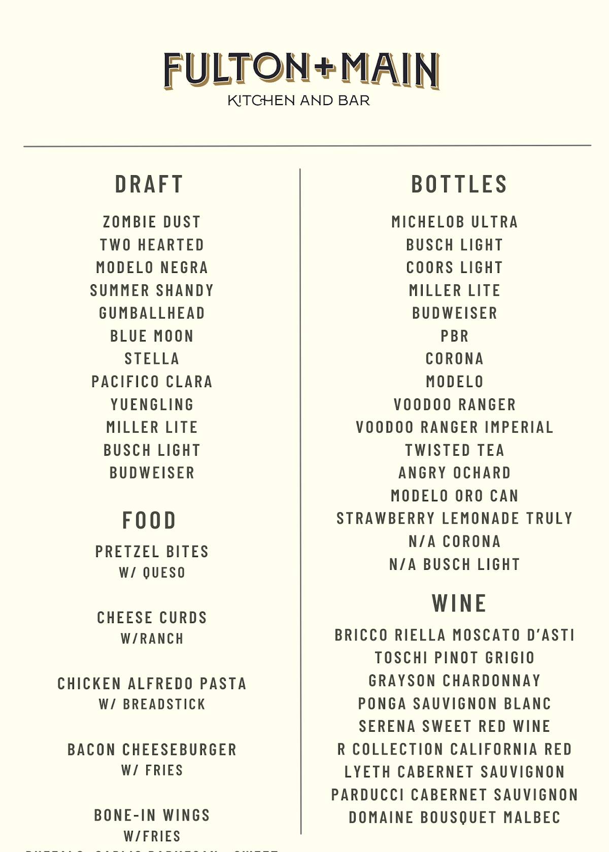 Menu at Fulton & Main Kitchen and Bar, Berne
