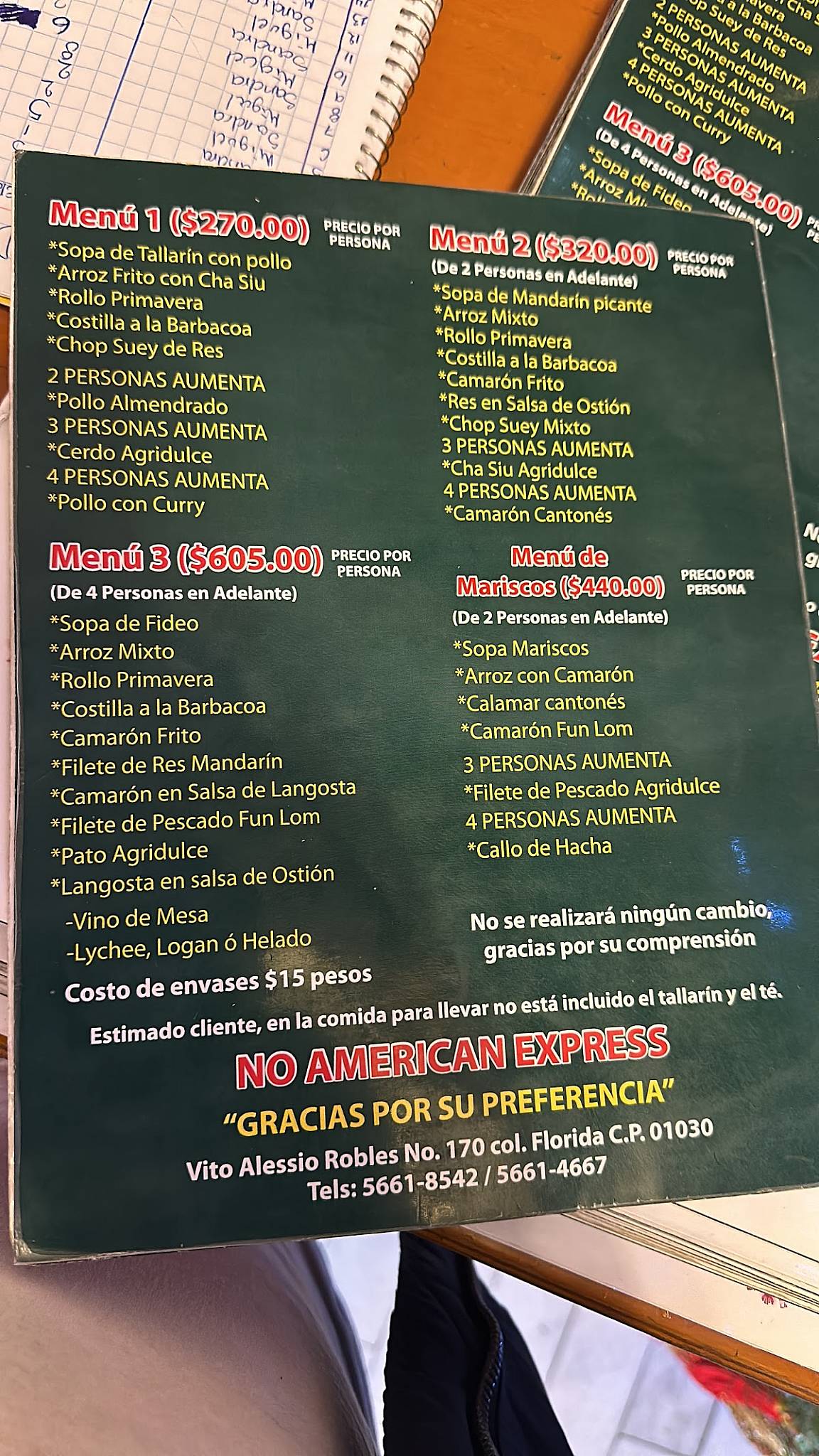Carta del restaurante Fun Lom, Ciudad del México