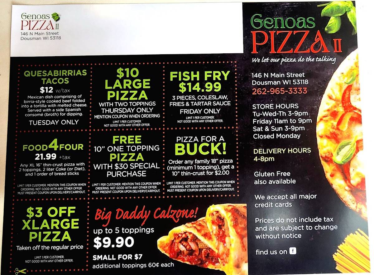Menu at GENOA'S PIZZAS #2 LLC restaurant, Dousman