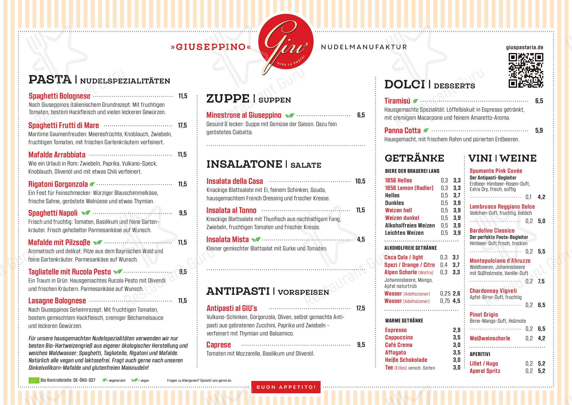 Carta del restaurante GIU's Pastaria - GIUSEPPINO Nudelmanufaktur, Freyung