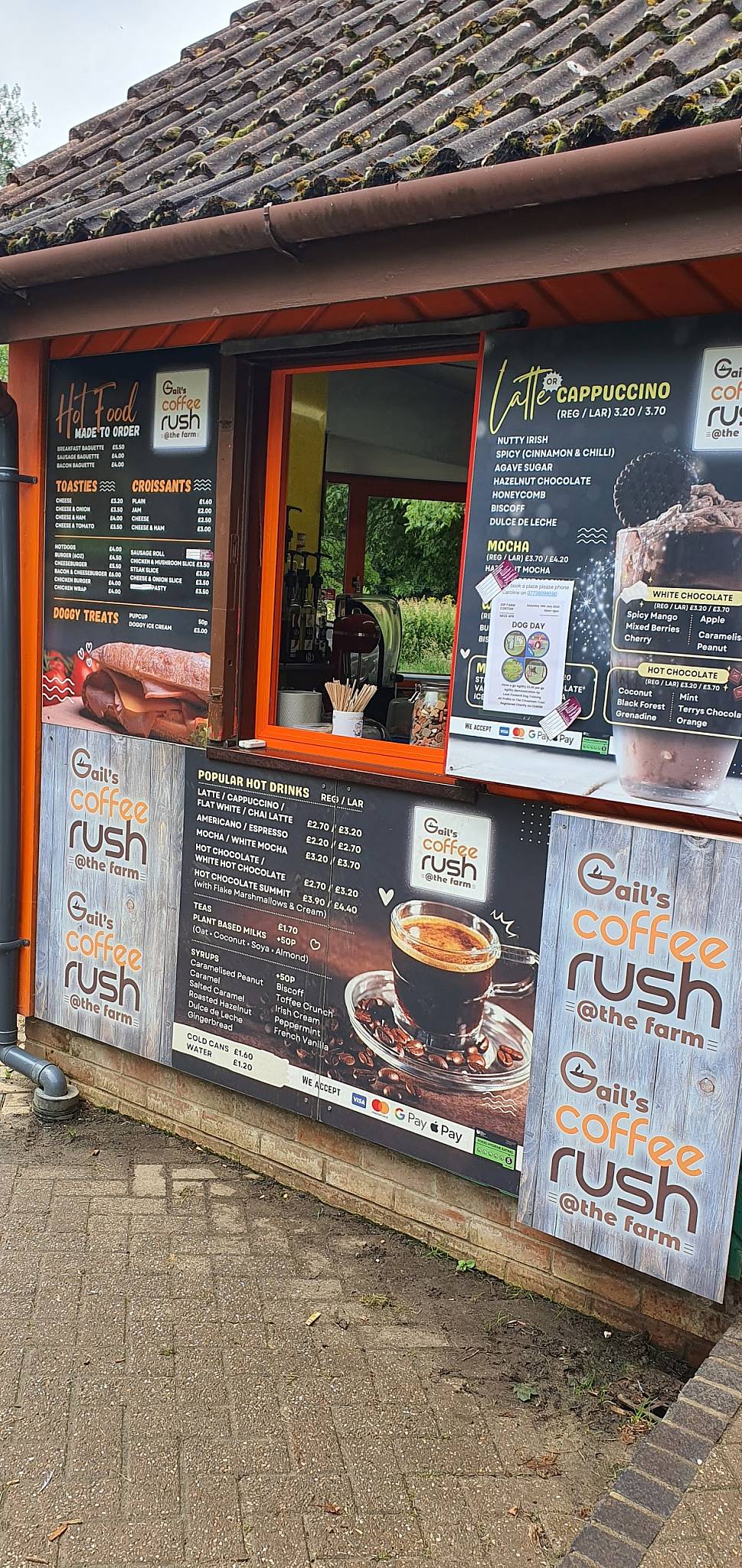 Menu at Gail’s Coffee Rush at the Farm restaurant, Lowestoft, Dip Farm