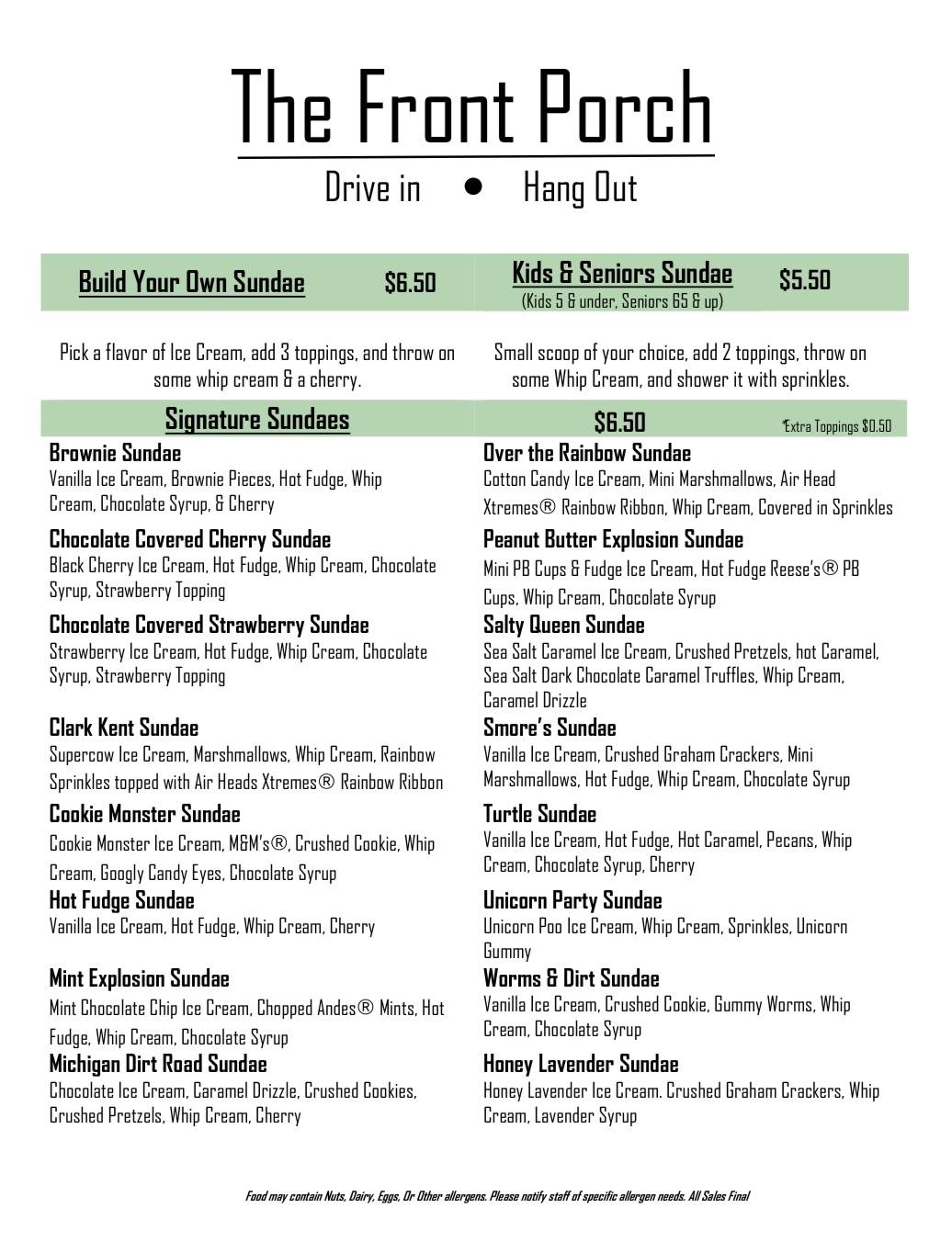 Menu at The Front Porch restaurant, Galesburg