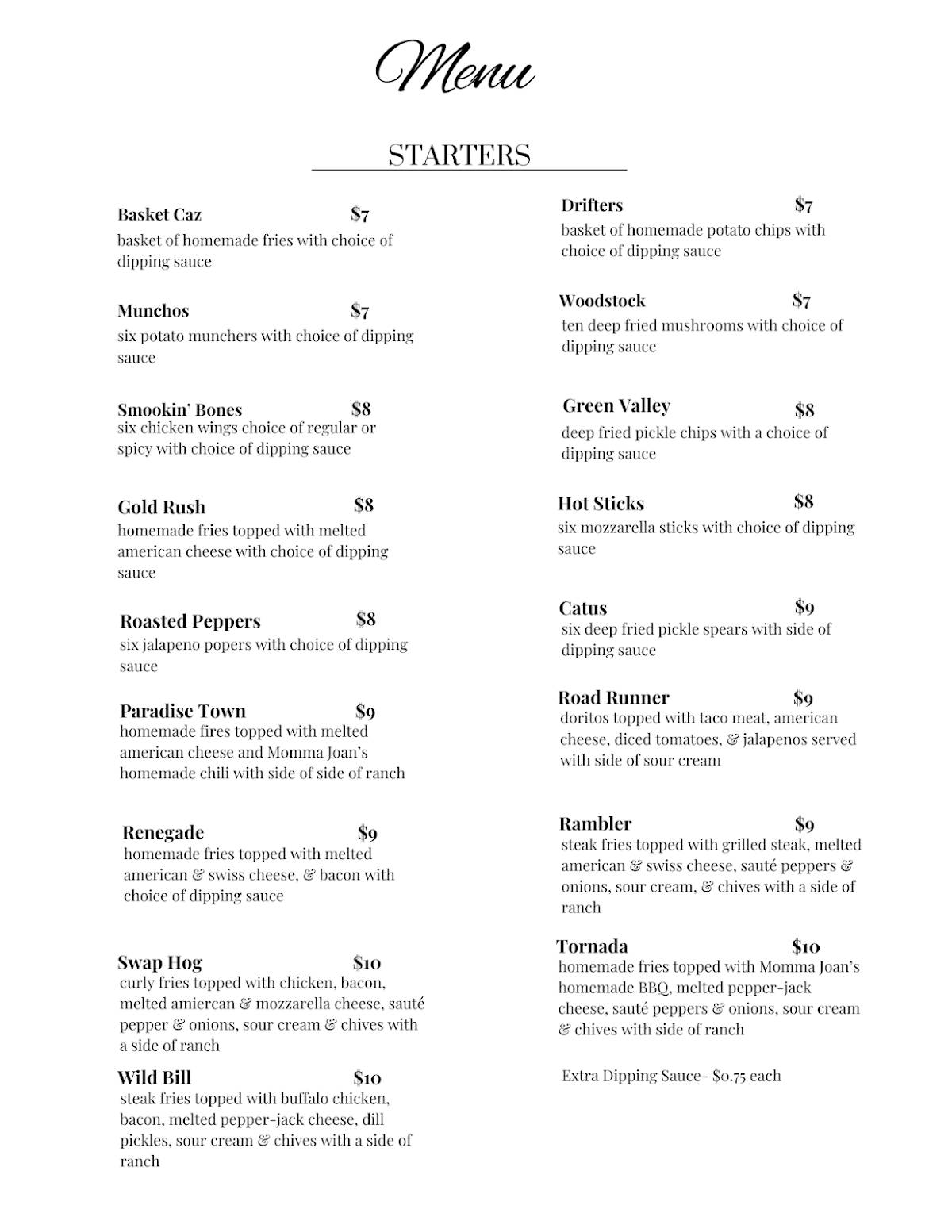 Menu at Momma Joan's Diner restaurant, Gap Mills