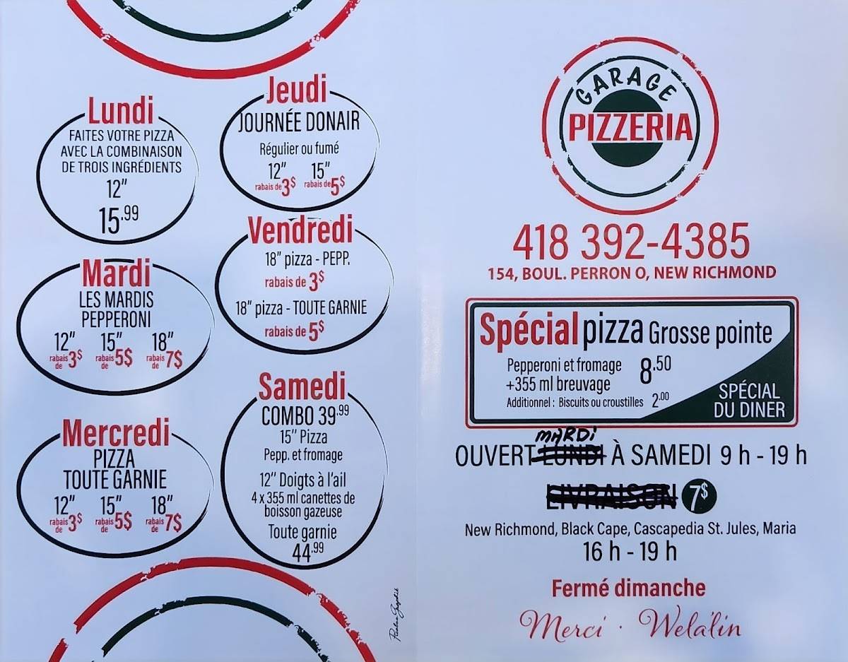 Menu au Garage Pizzeria, New Richmond