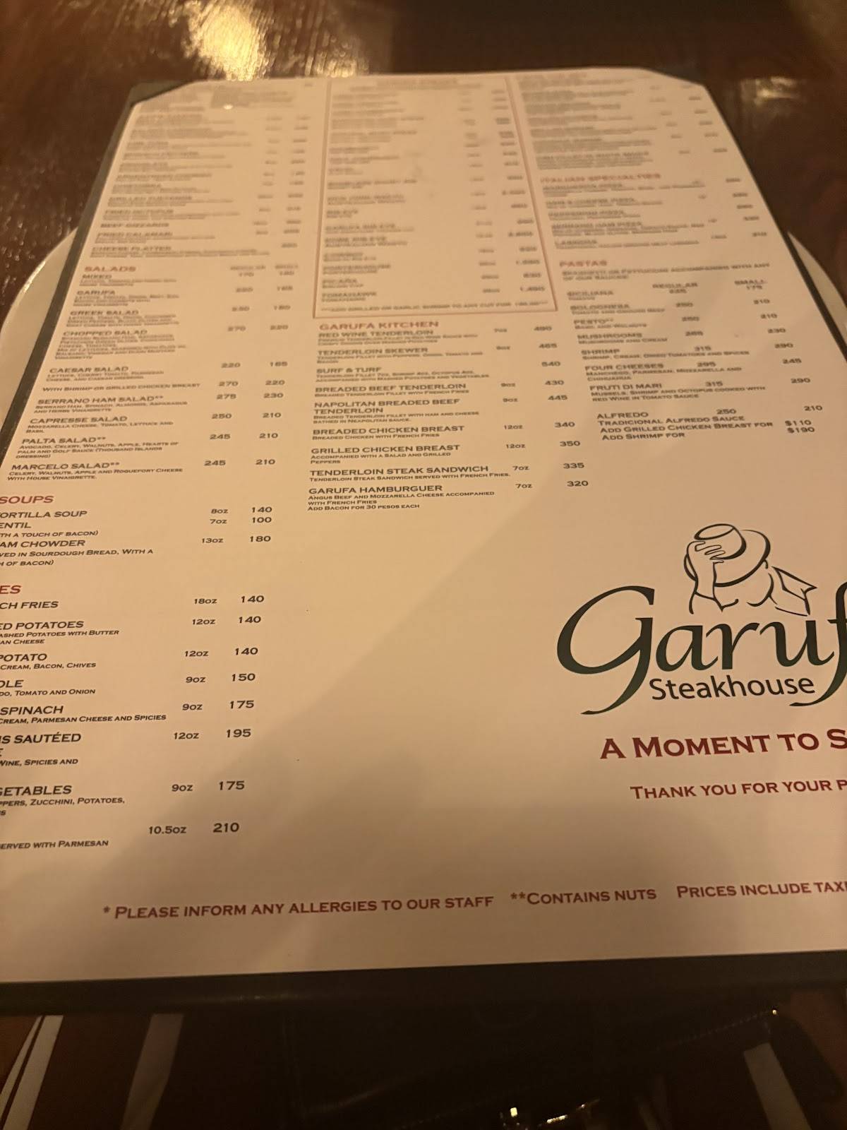 Carta de Garufa Steakhouse, Puerto Peñasco, Paseo Las Olas 6D11