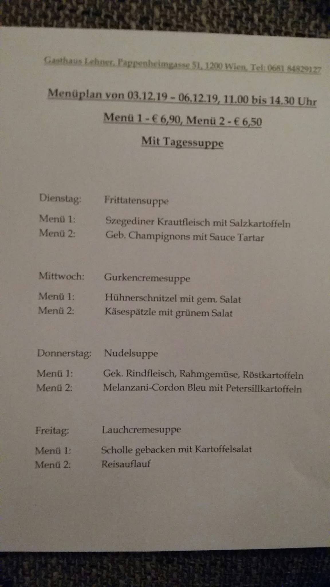Speisekarte von Gasthaus Lehner restaurant, Wien