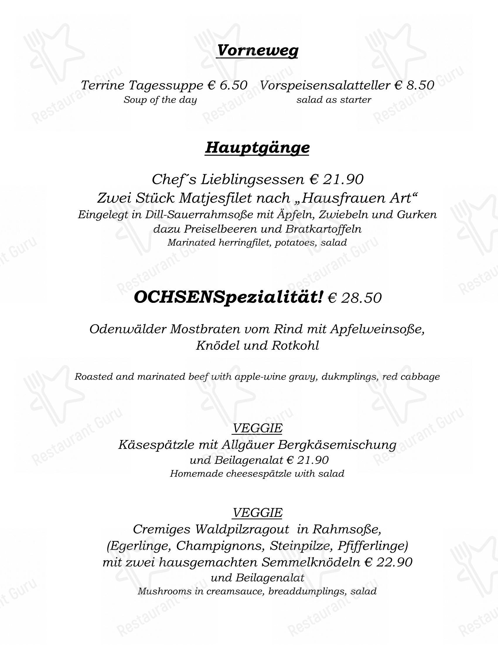Menu at Gasthaus "Zum Roten Ochsen" restaurant, Heidelberg, Hauptstraße 217