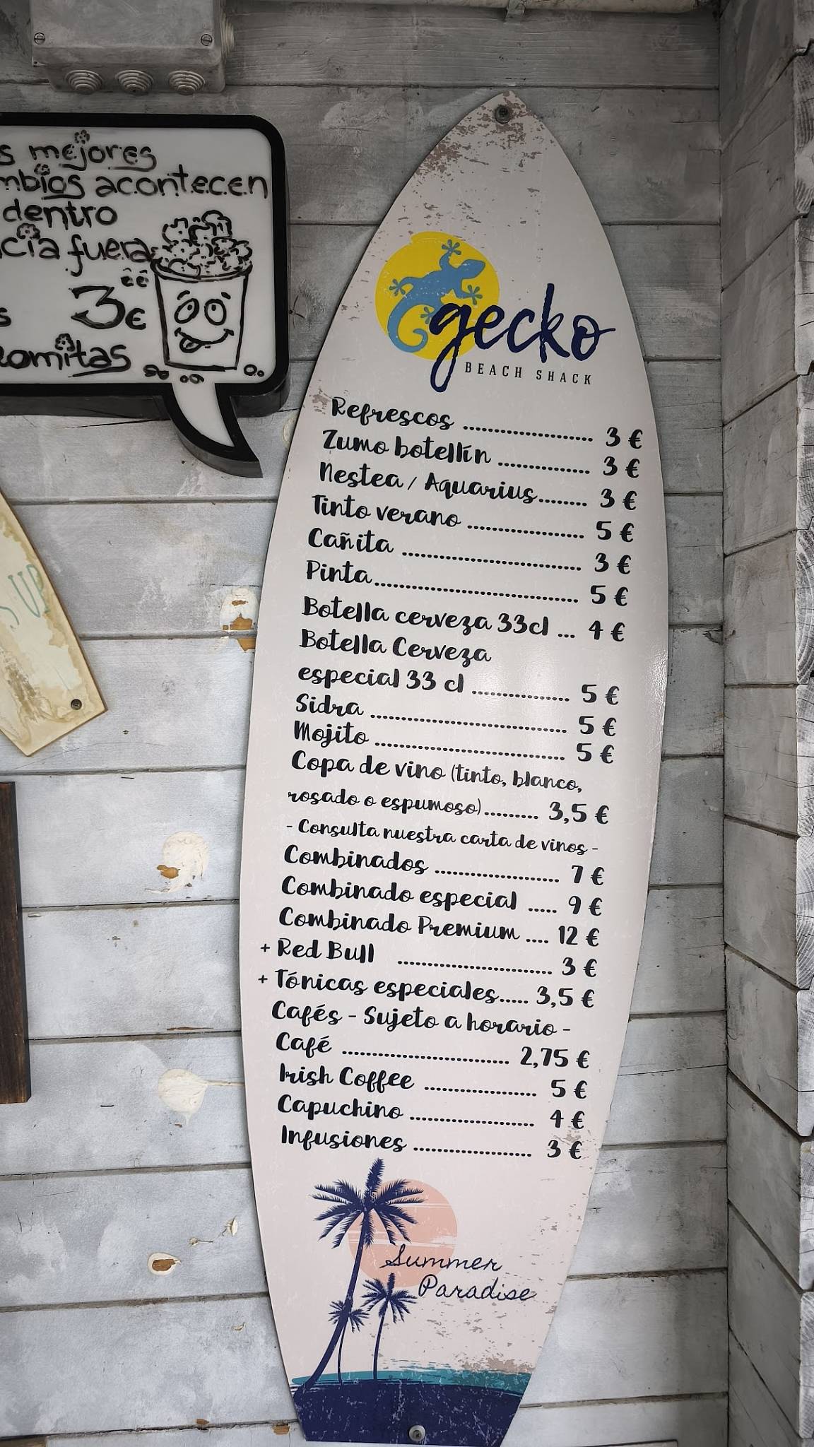 Menu at Gecko Beach Shack pub & bar, Benalmádena, Playa Carvajal