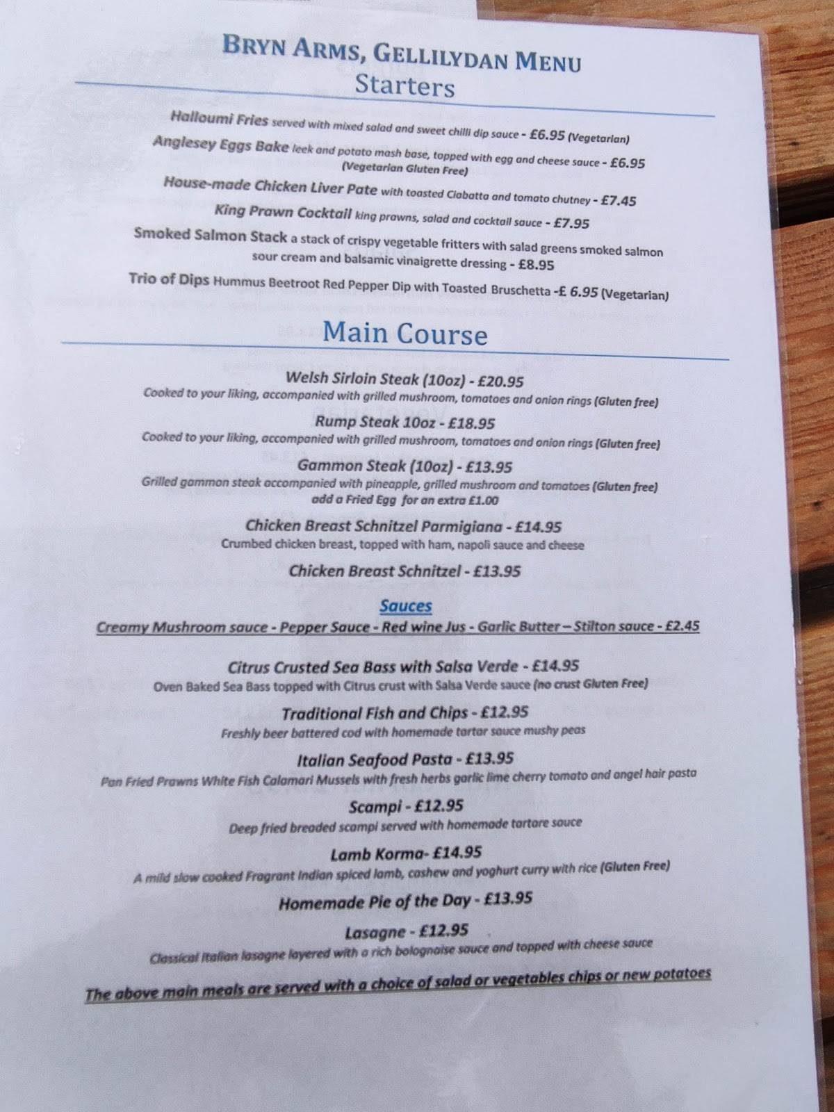 Menu at Bryn Arms restaurant, Gellilydan