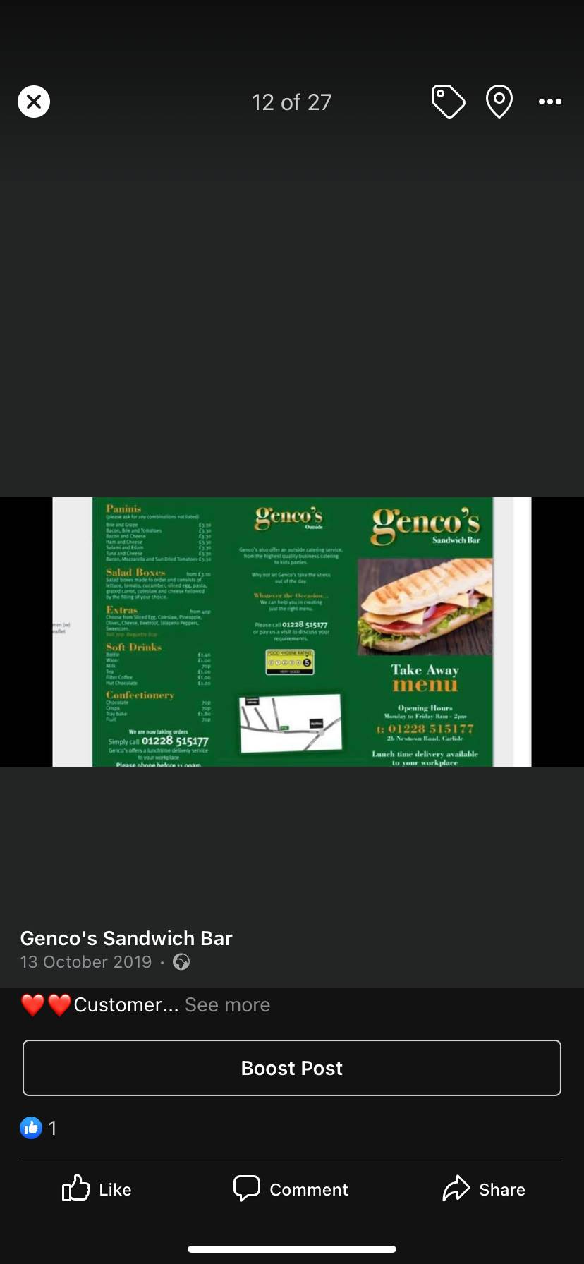 Menu at Gencos fast food, Carlisle