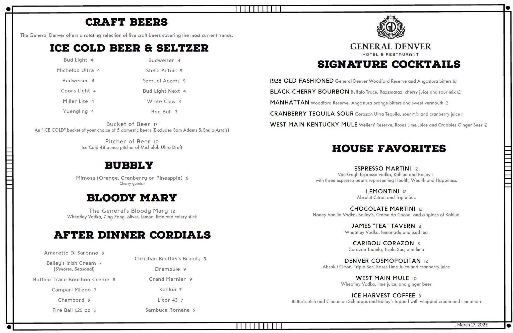 Menu at General Denver Hotel restaurant, Wilmington