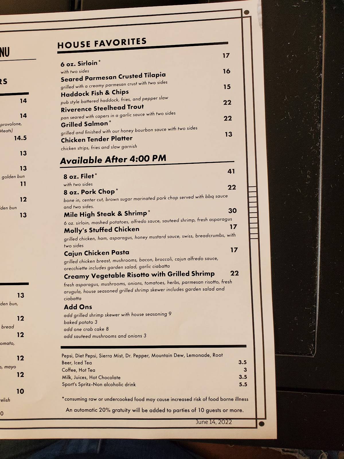 Menu at General Denver Hotel restaurant, Wilmington